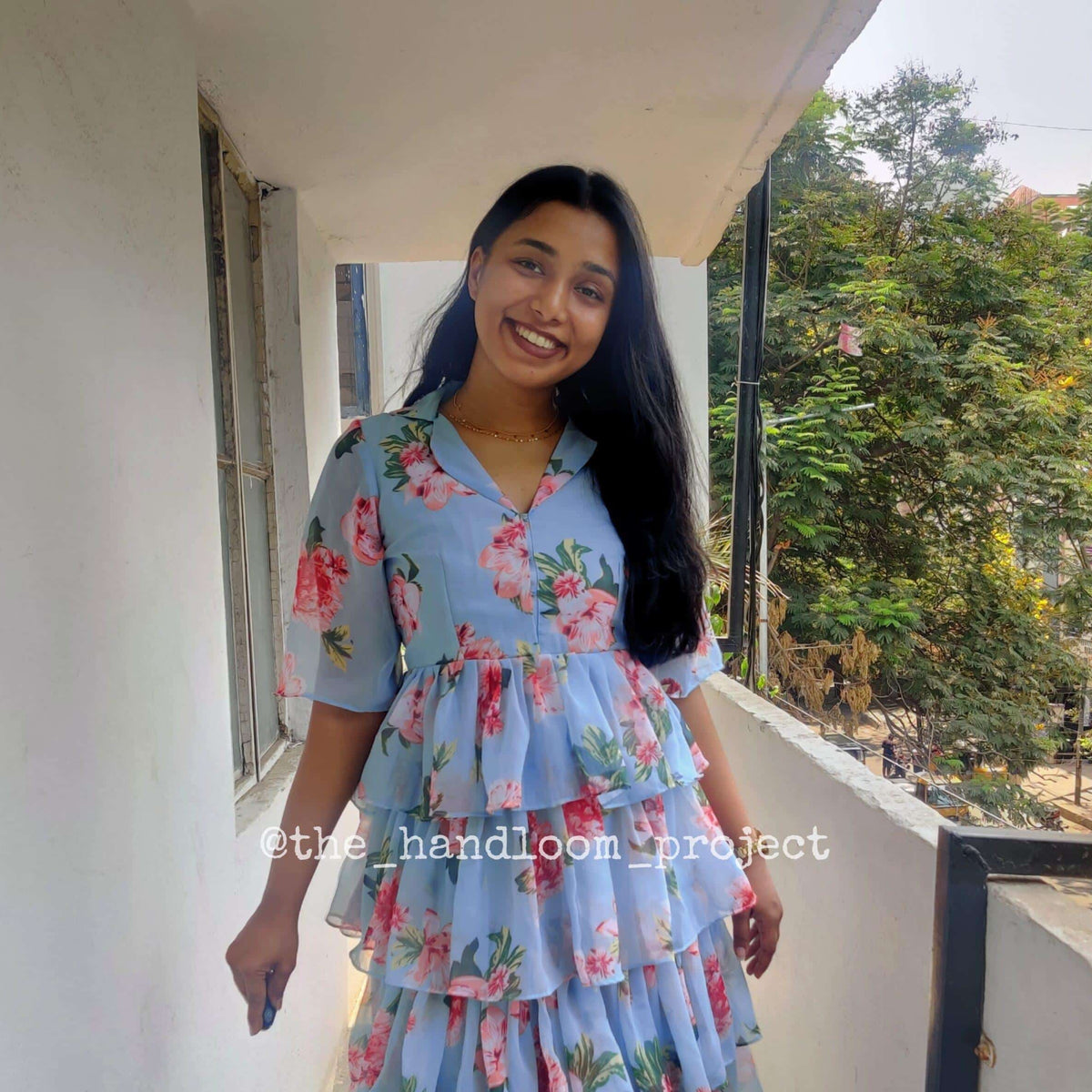Mint green collar ruffles georgette dress – The Handloom Project